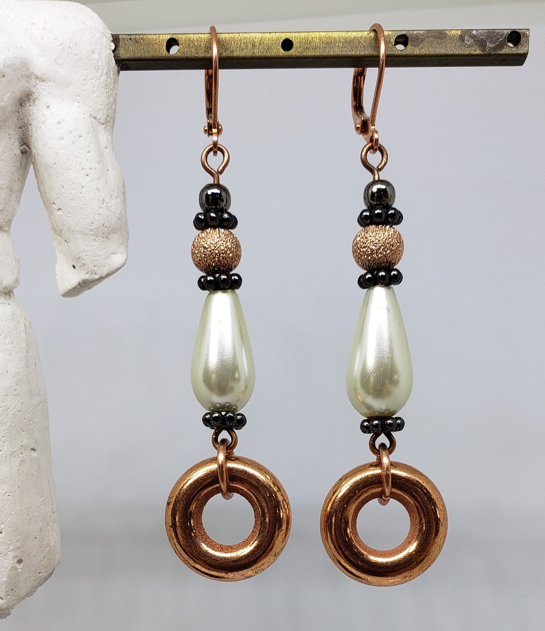 Unique Circle Earrings Pearl Teardrops Copper Leverbacks - Etsy