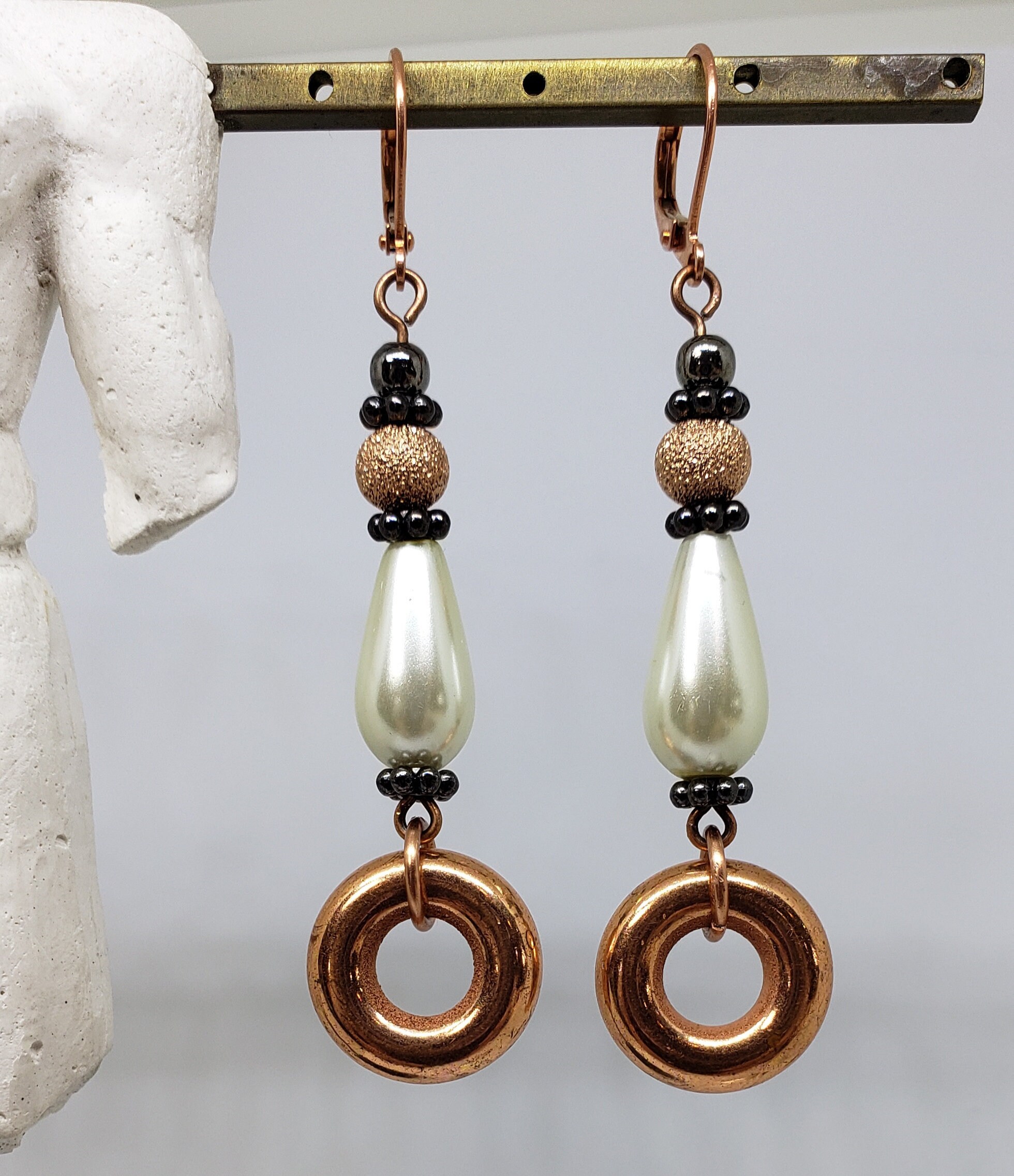 Unique circle earrings Pearl teardrops Copper leverbacks | Etsy