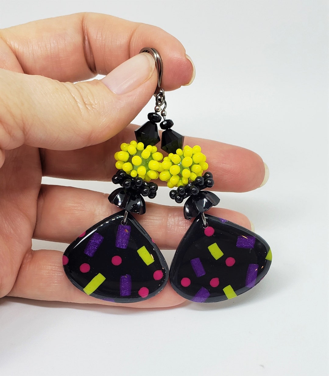 Artisan Handpainted Polymer Clay Neon and Confetti Statement Earrings ...