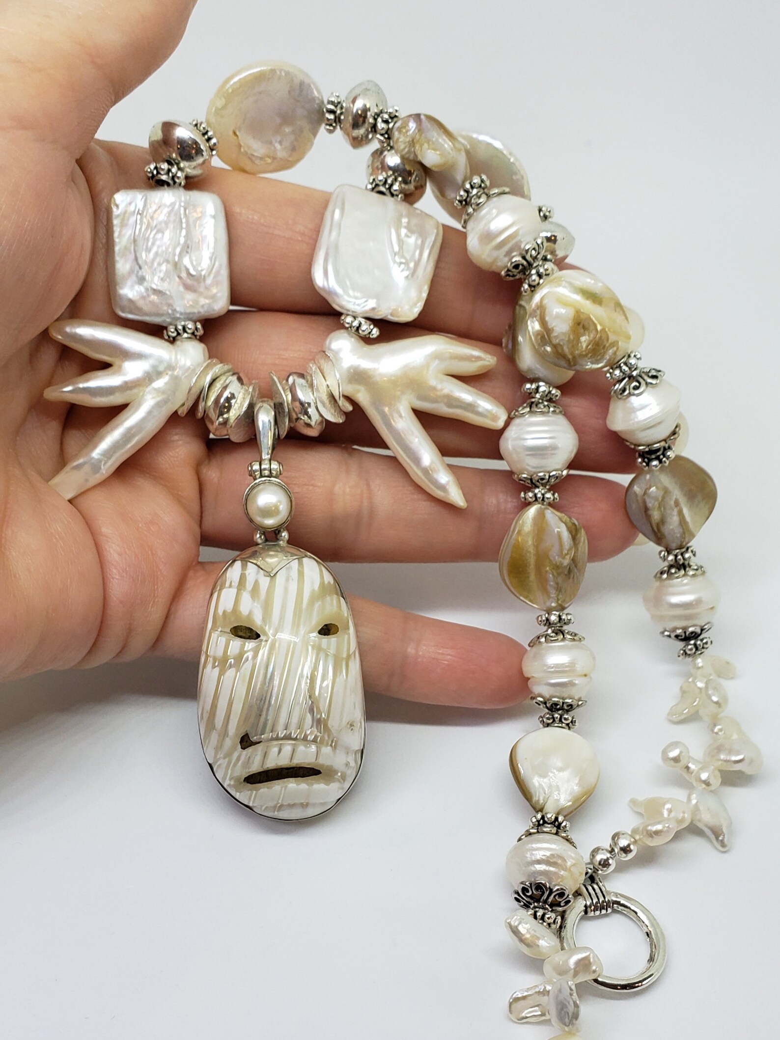 Hand carved shell face pendant gorgeous Freshwater Pearls | Etsy