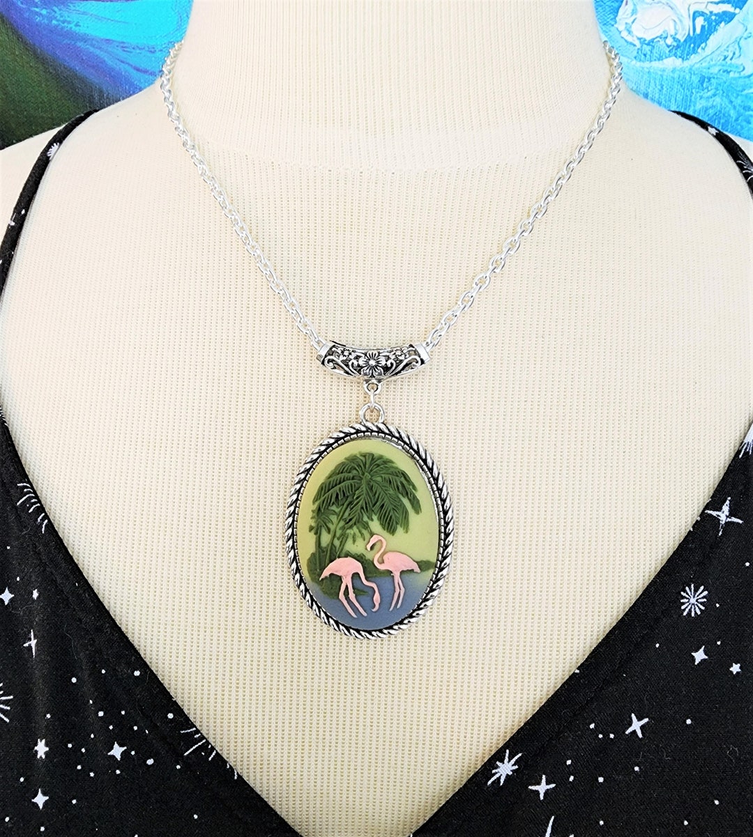 Pink Flamingos and Palm Trees Cameo Pendant Necklace - Etsy