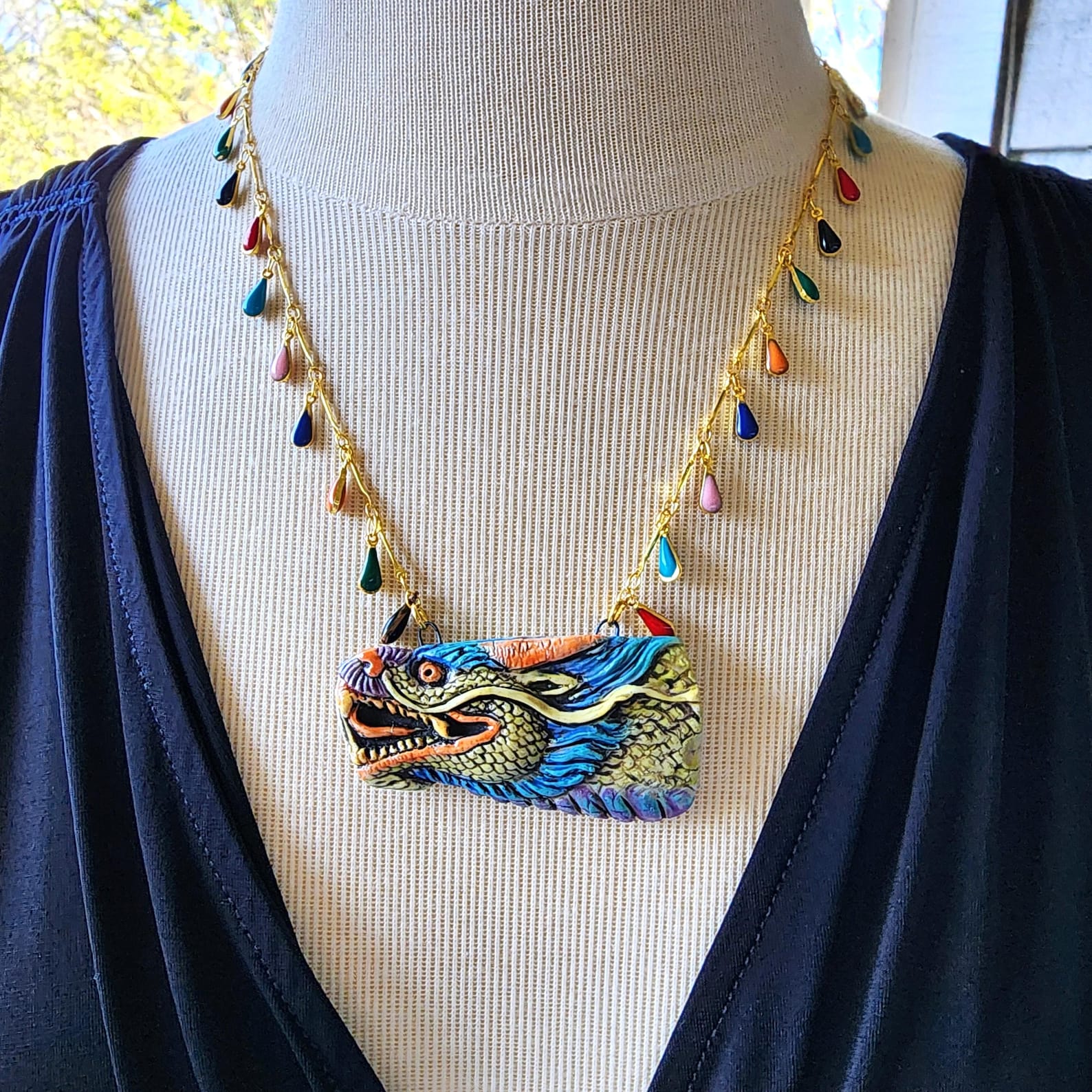 Artisan, Handmade, Fierce Dragon Porcelain Pendant Necklace, Golden ...