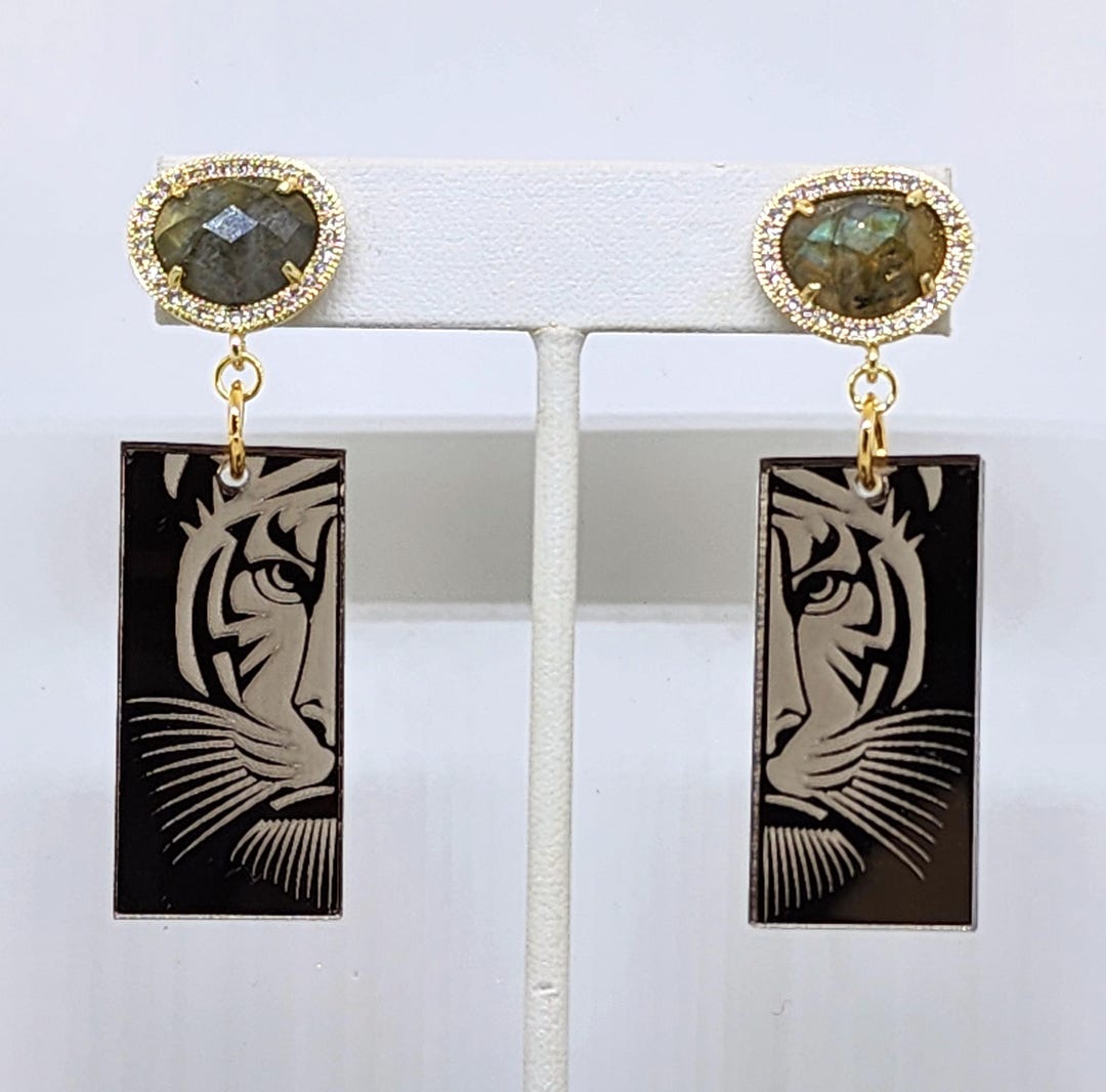 Sparkling Bronze Mirror Etched Tiger Dangle Earrings, Statement Jewelry ...