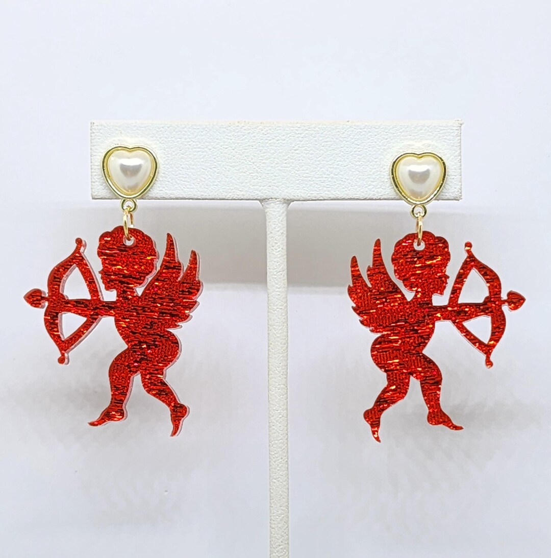 Sparkly Red Cupid With Bow and Arrow, Pearl Hearts Dangle Earrings ...