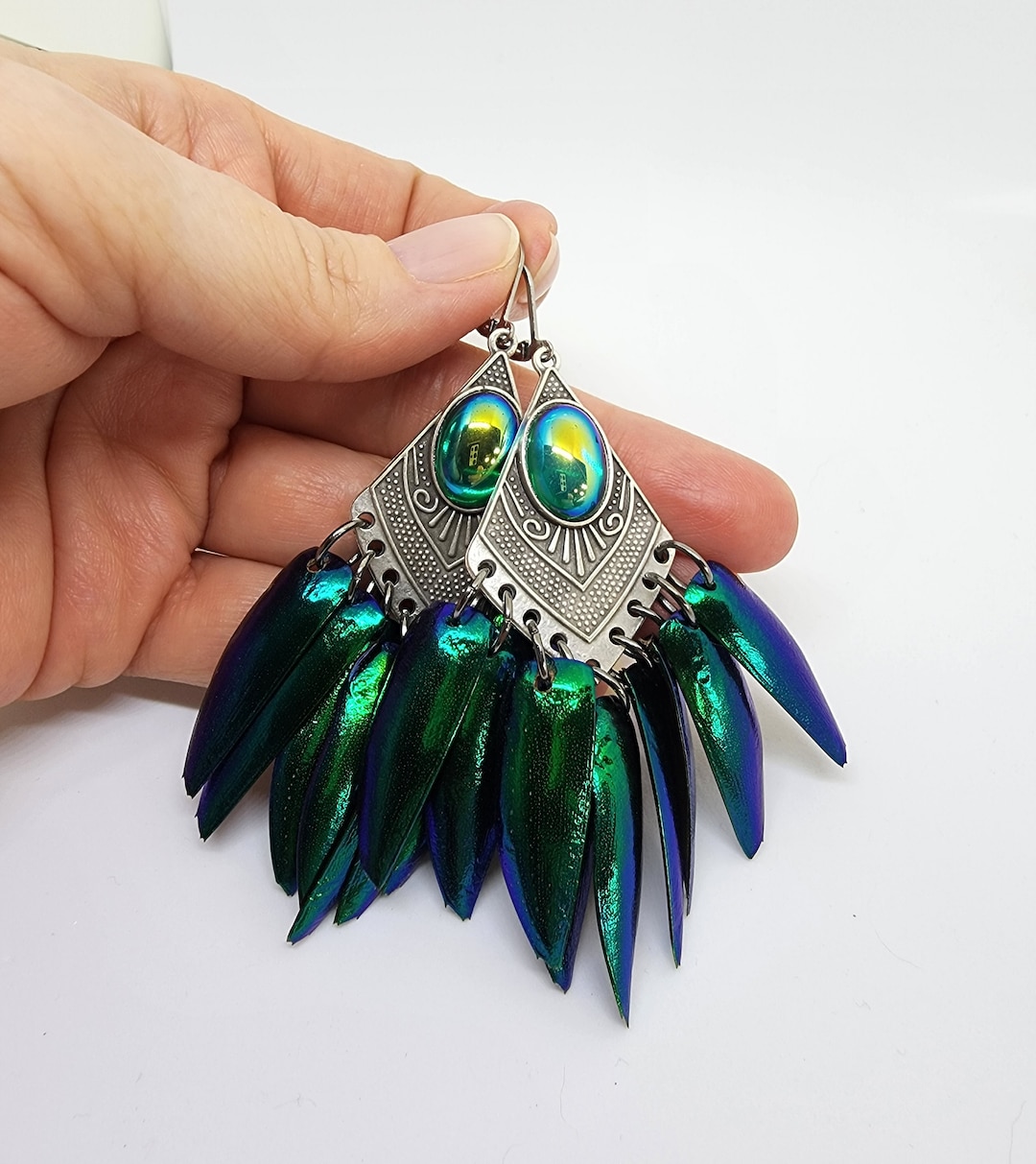 Exotic Emerald Green and Indigo Beetle Wing Statement Earrings ...