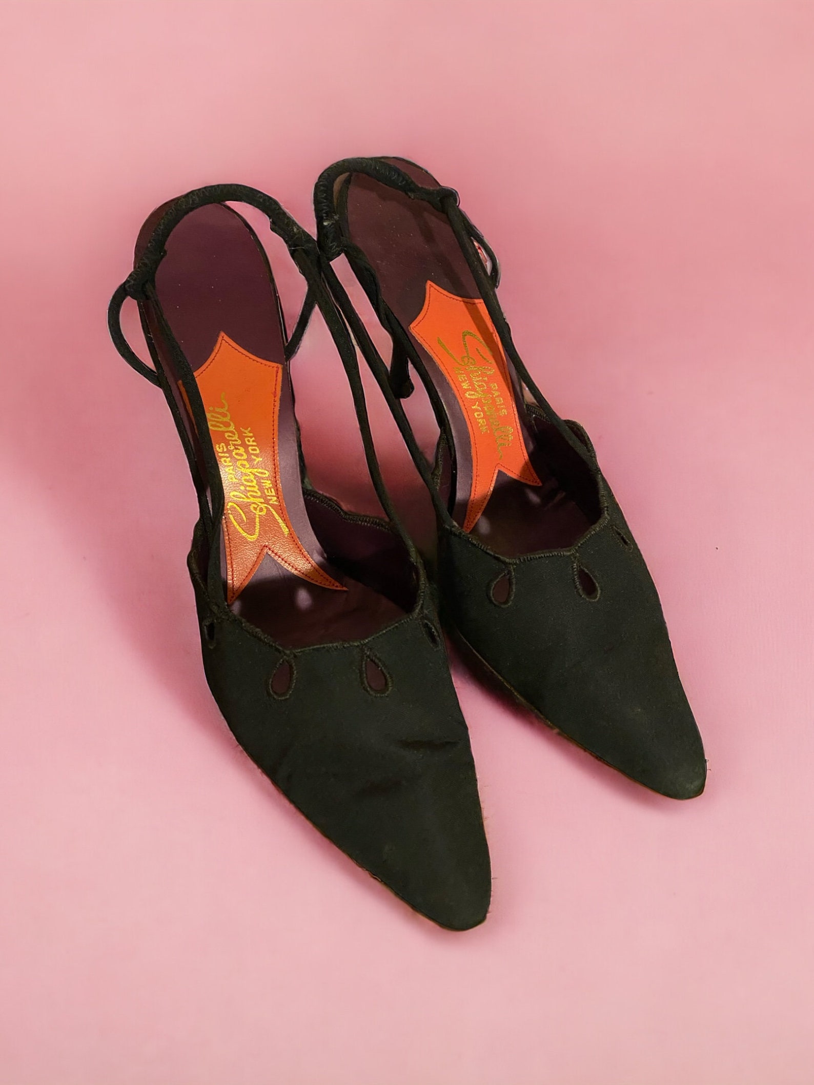 Vintage Schiaparelli 1950s - 1960s Black Kitten Heels in Original Box ...