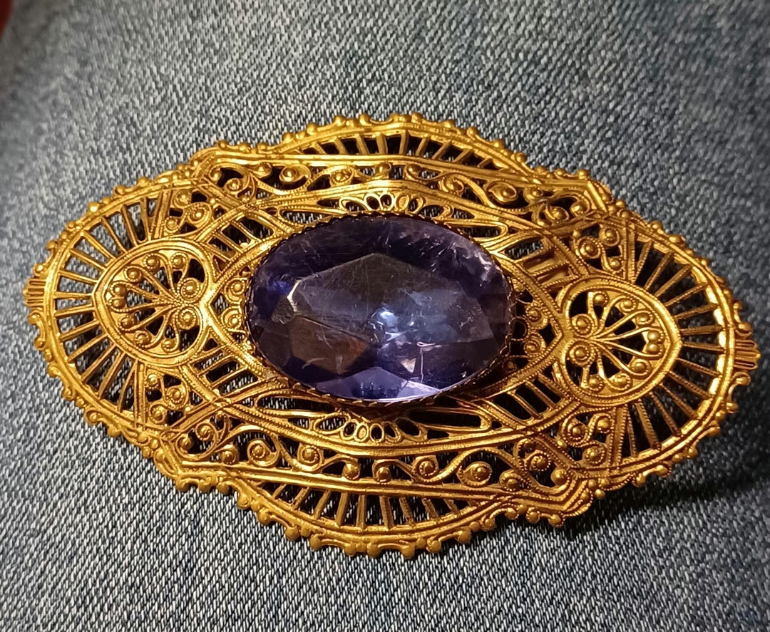 Beautiful Large Victorian Brass Filigree Brooch With a Faceted Purple ...