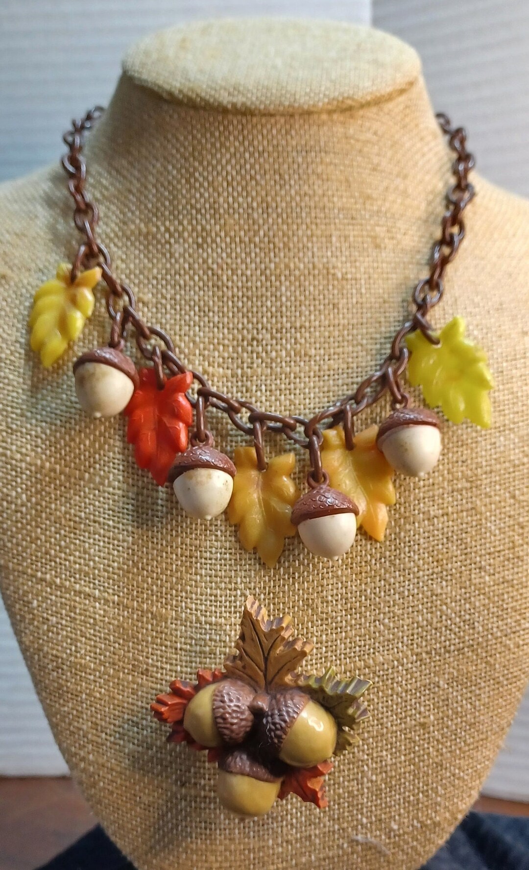 Vintage Lucite Acorn and Colored Leaves Dangling Charm Necklace and an ...