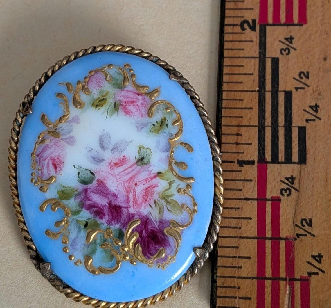 Antique Porcelain Hand Painted Floral Brooch With A Golden Brass Rolled ...