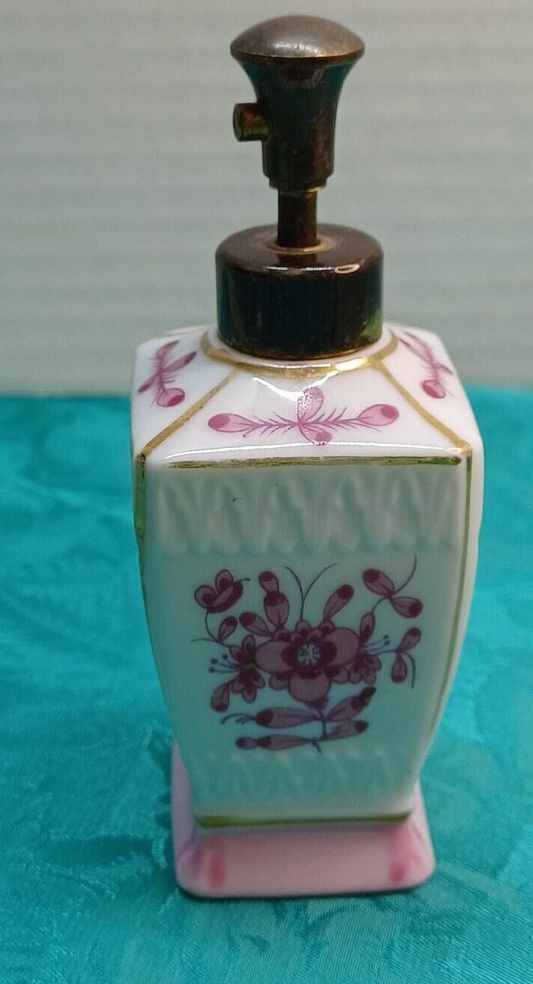 Vintage Hand Painted Pink Flowers on a Porcelain Purfume Bottle Trimmed ...