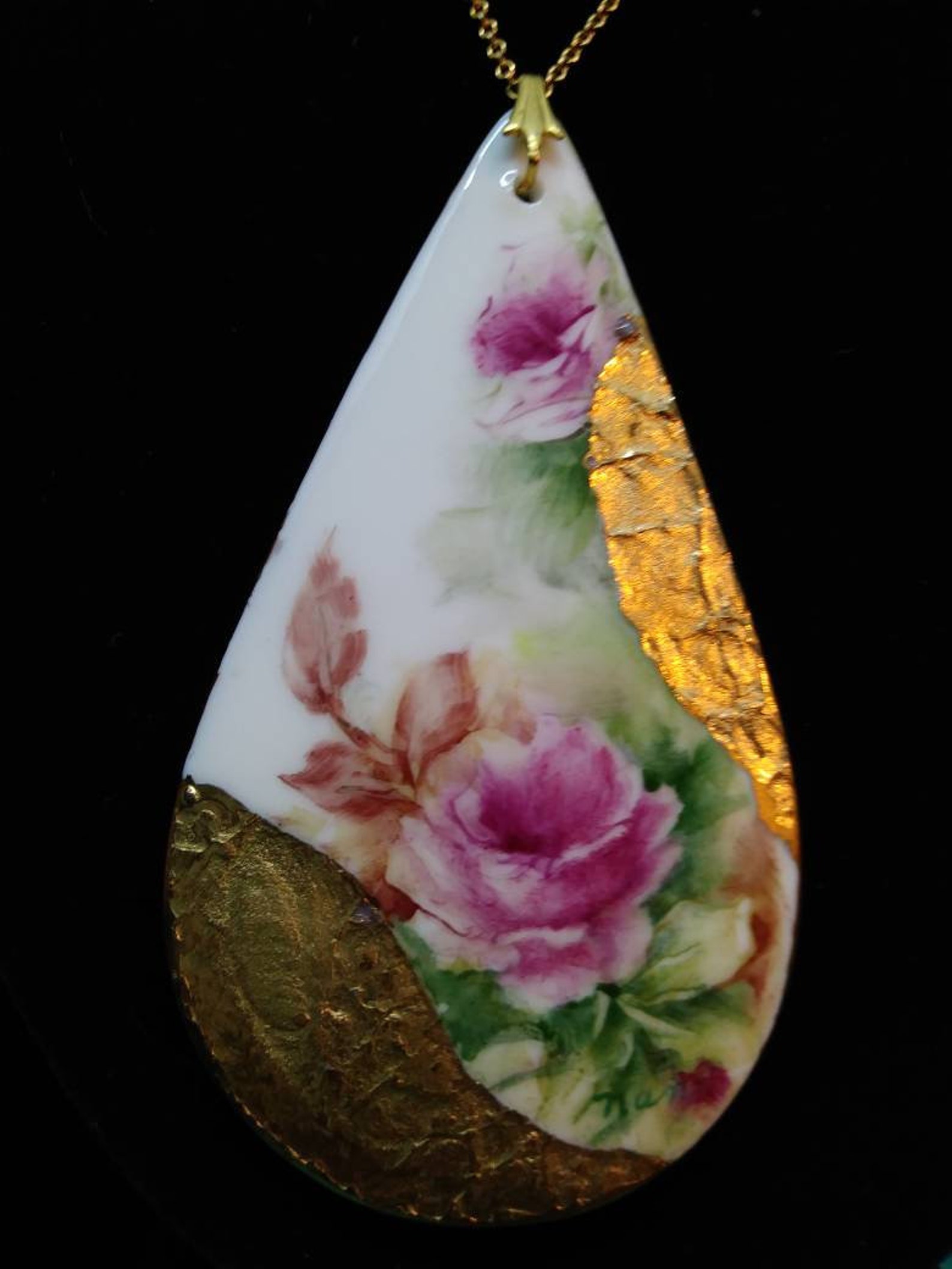 Vintage Porcelain Hand Painted Rose Pendant on a 1-20th 12K - Etsy
