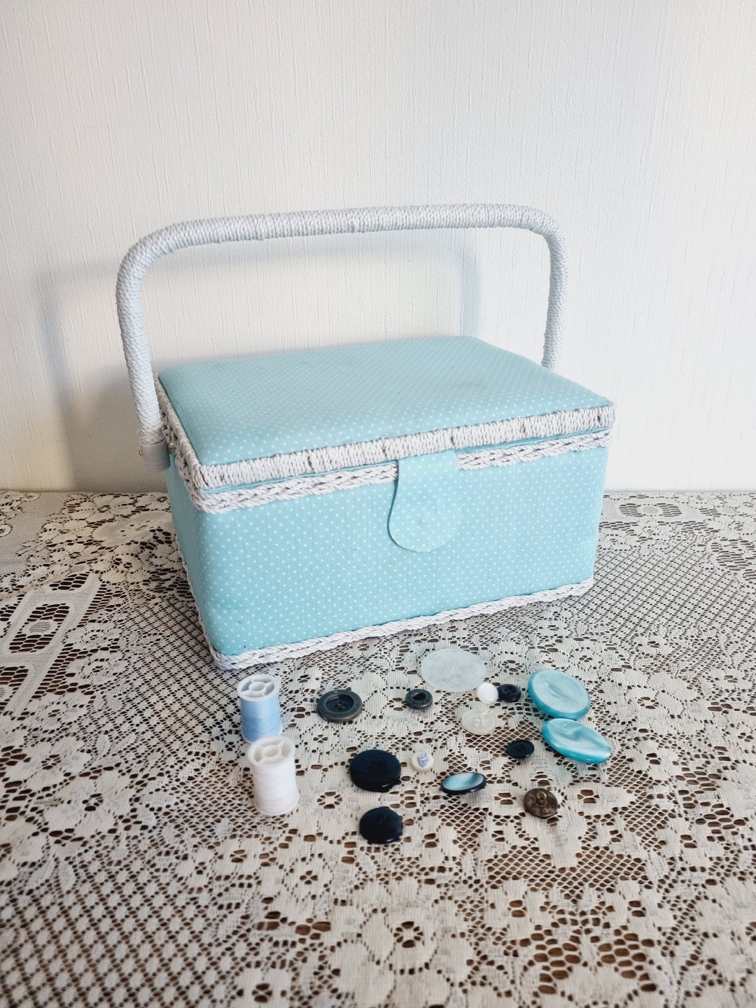 Vintage Sky Blue Fabric Sewing Box/storage Box - Etsy