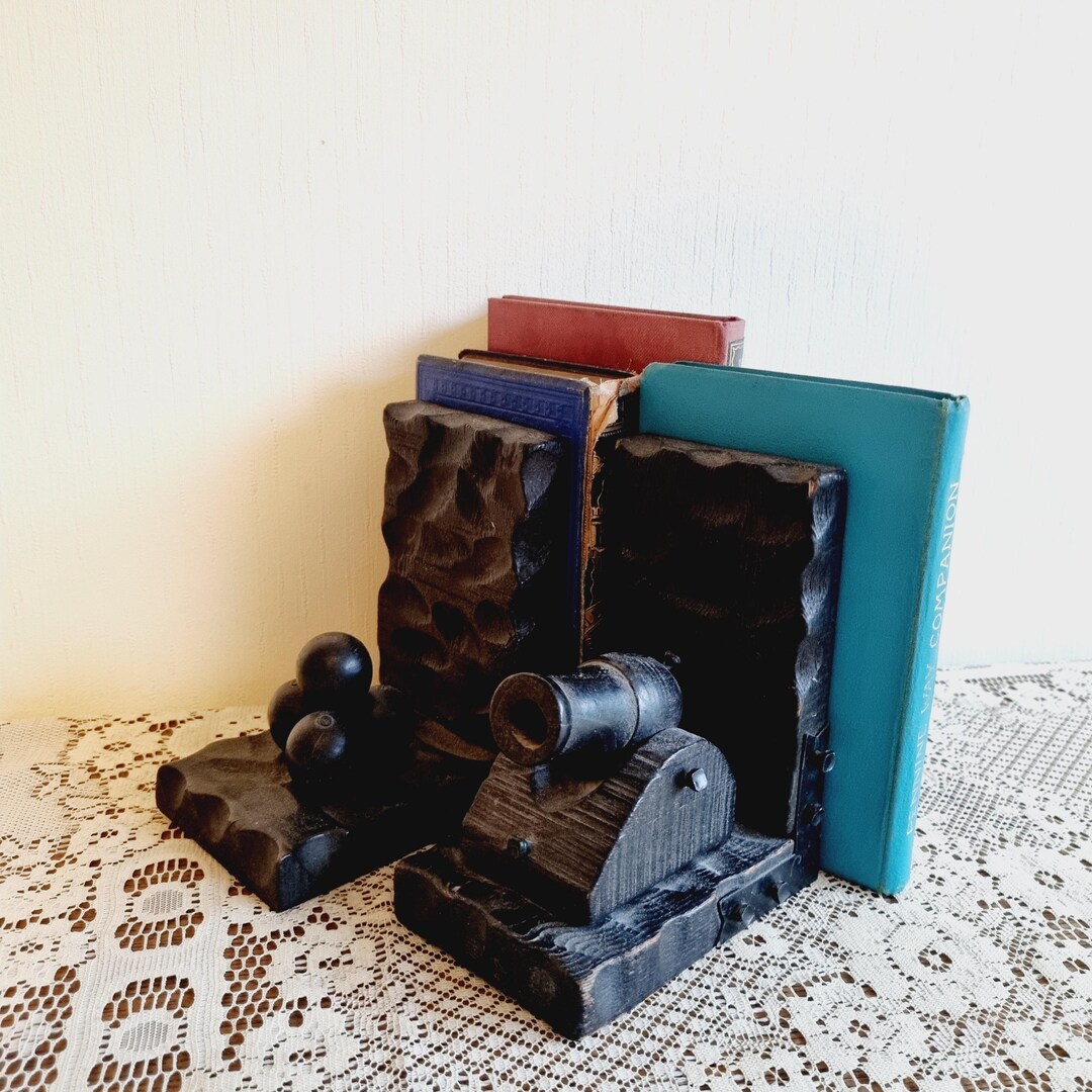 Pair of Vintage Bookends With Military Theme Depicting Cannon and ...