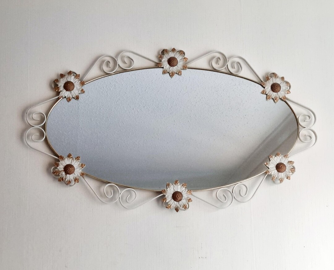 Gold Vintage Mcm Mirror With Floral Detail Mcm Can Hang Vertical or ...