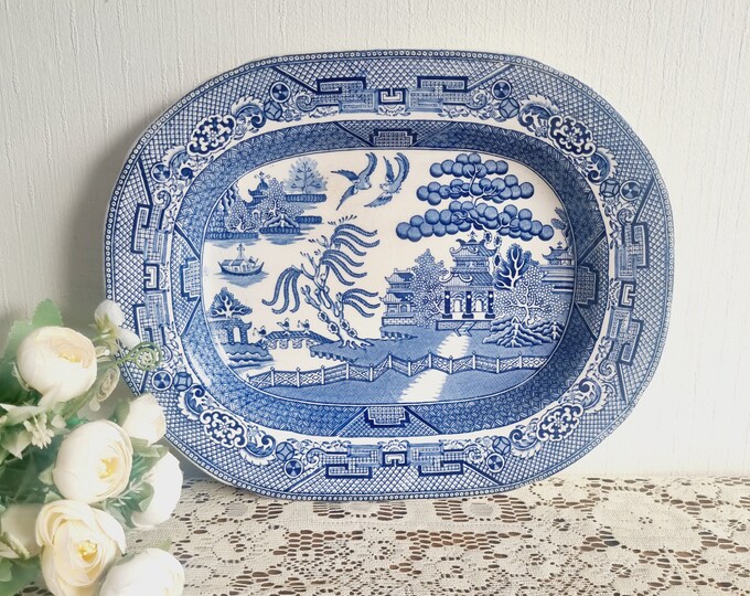 Antique Blue and White Willow Pattern Platter by W Adams Staffordshire ...