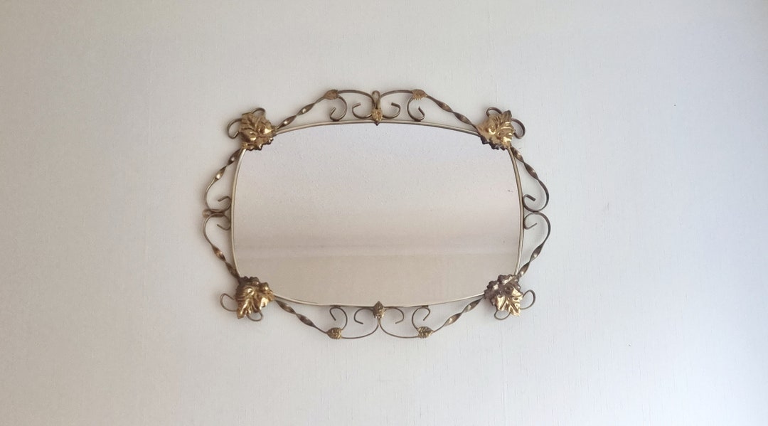 Gold Vintage Mcm Mirror With Floral Detail Mcm Can Hang Vertical or ...