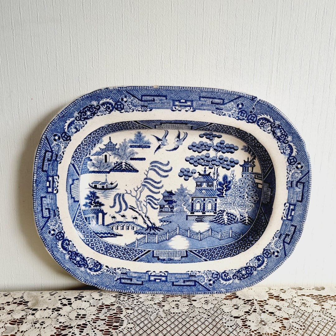 Antique Blue and White Medium Size Willow Pattern Platter - Etsy
