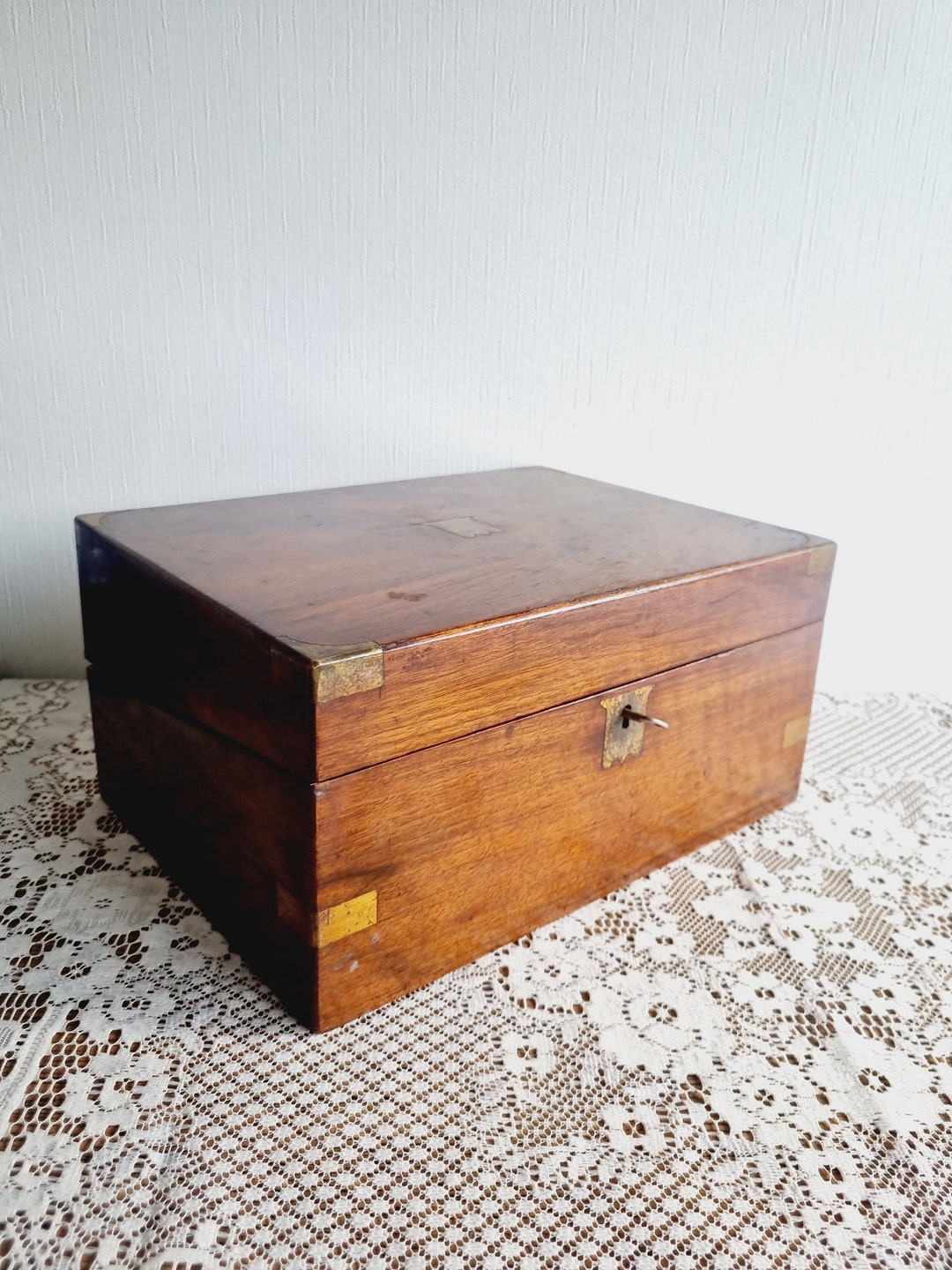 Large Antique Wooden Brass Bound Storage Box/writing Slope With Key - Etsy