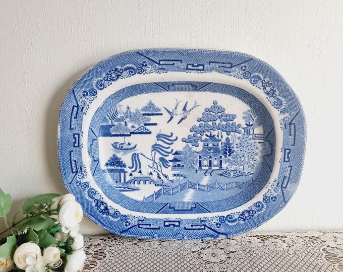 Antique Very Large Blue and White Willow Pattern Platter - Etsy