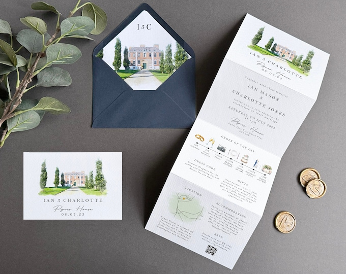 Custom Venue Watercolour Wedding Invitation Trifold Wedding Invitation ...