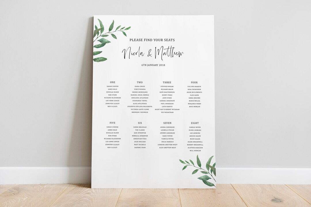 Botanical Table Plan Wedding Seating Plan Greenery Wedding Table Plan ...