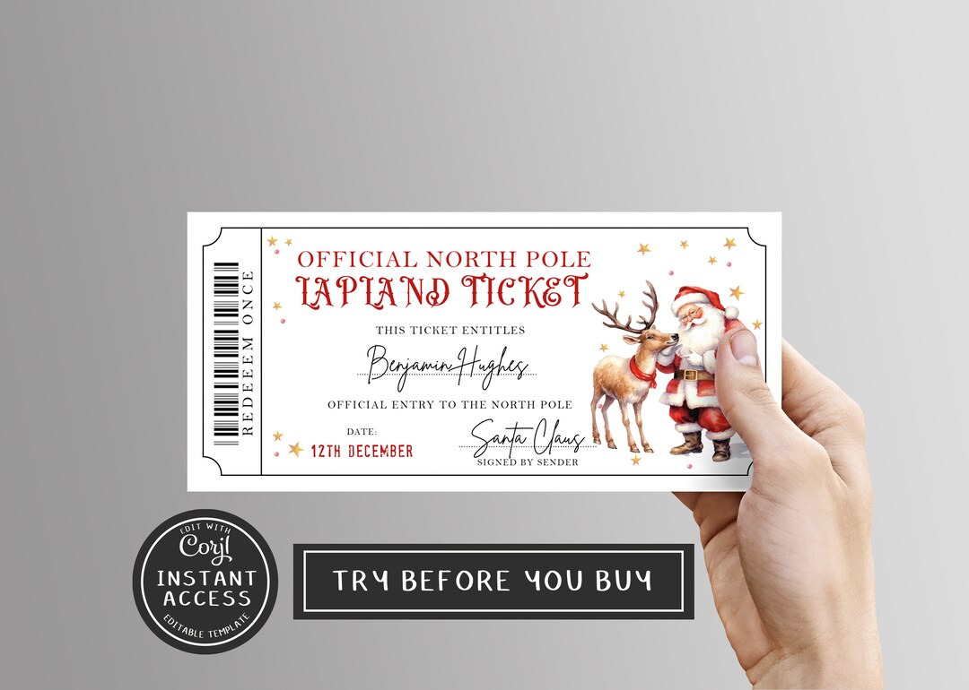 Editable Christmas Gift Voucher Printable Lapland Reveal Ticket to Lapland North Pole Ticket ...