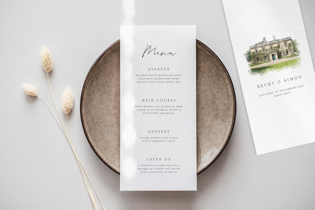 Watercolour Venue Wedding Menu Card Personalised Wedding Menu for ...