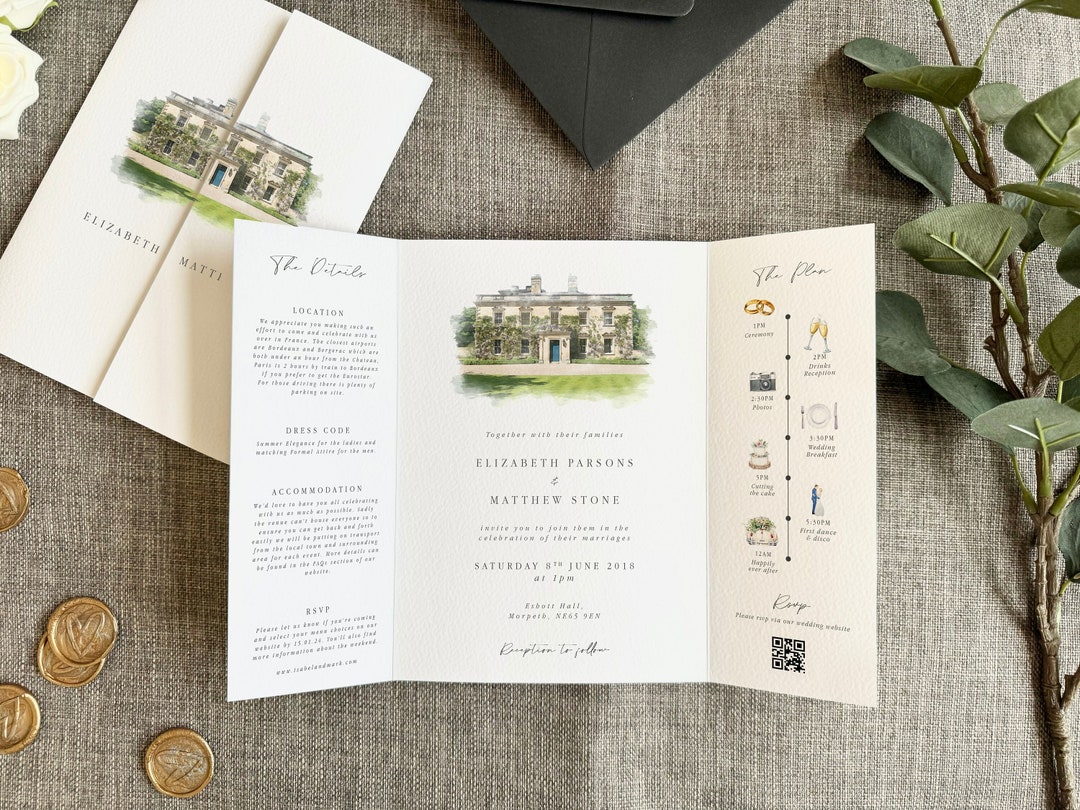 Watercolour Venue Wedding Invitation Modern Gatefold Wedding Invite ...