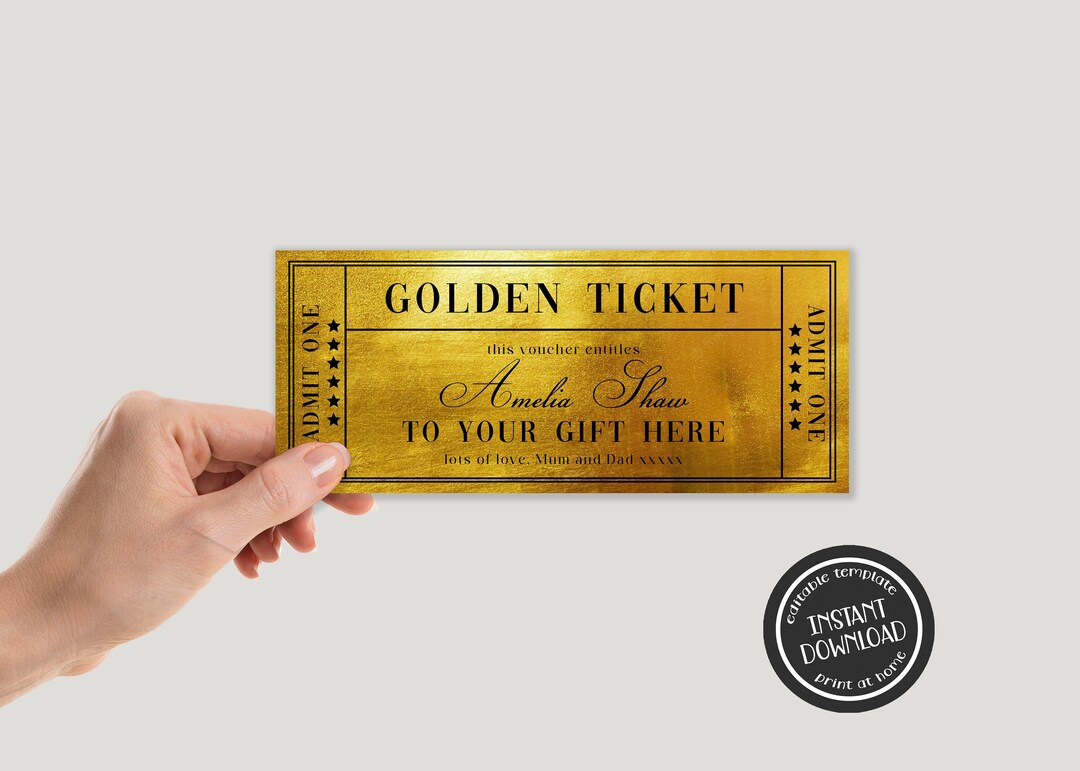 Editable Golden Ticket Gift Voucher Template Printable Gold - Etsy UK