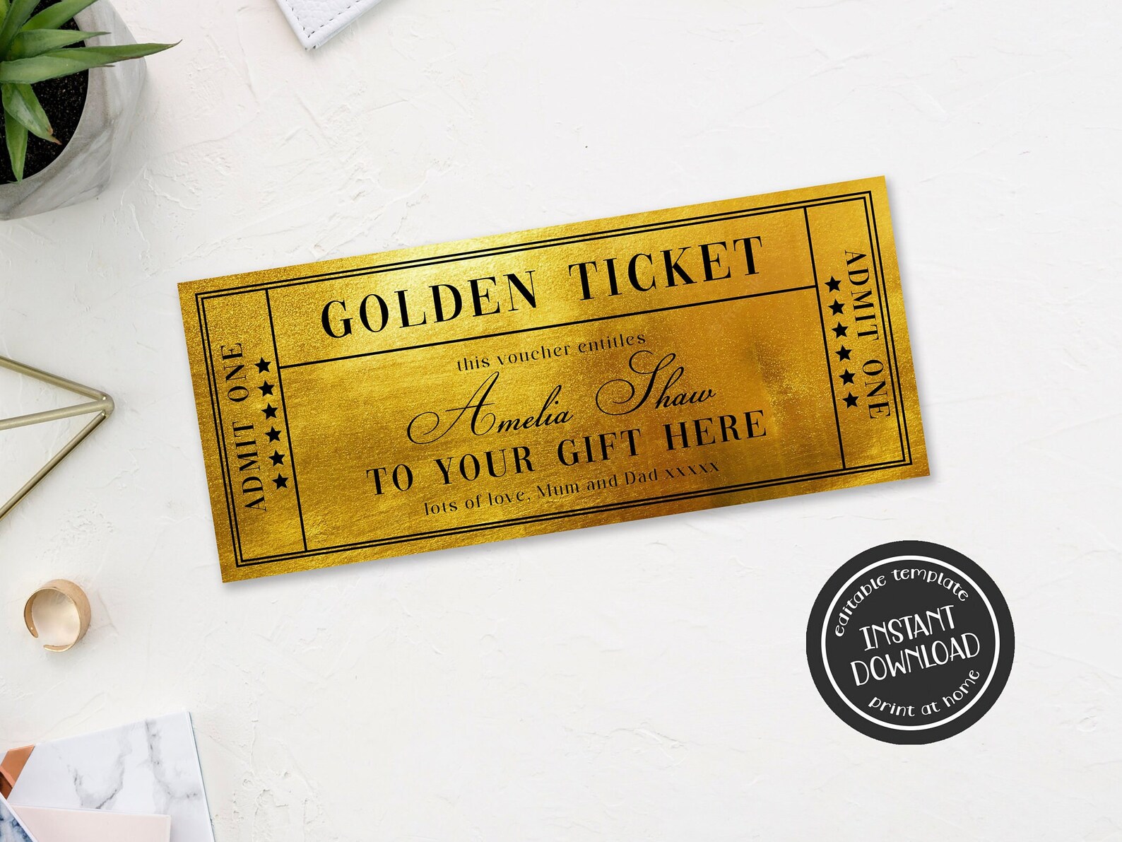 Editable Golden Ticket Gift Voucher Editable Template Birthday Gift ...