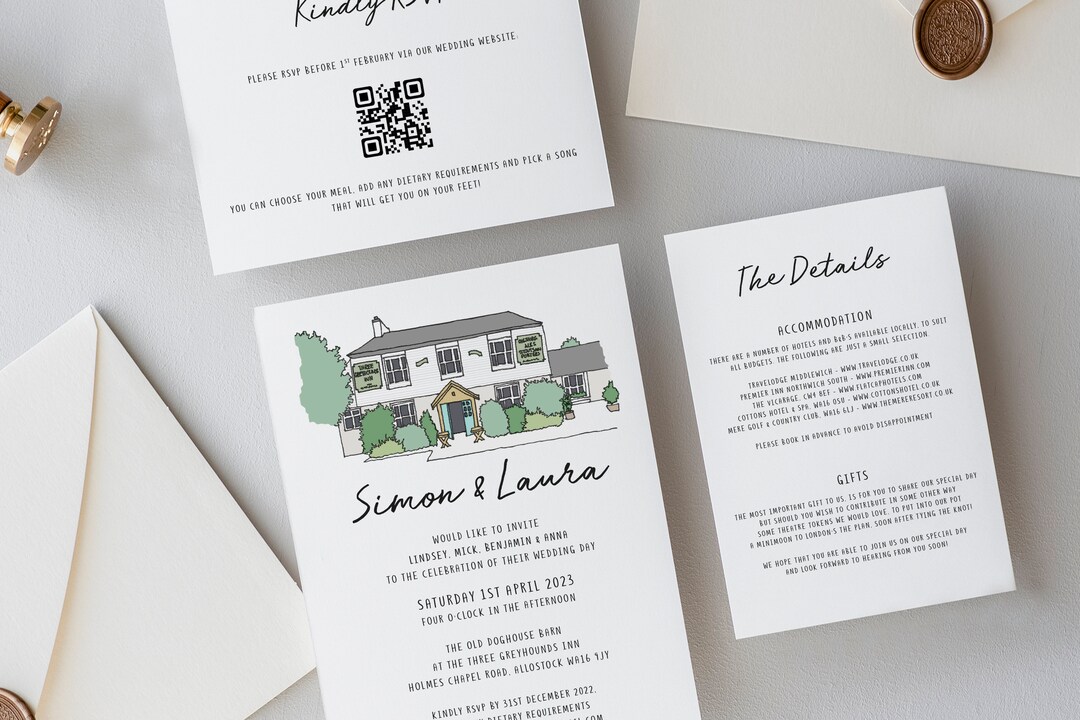 Illustrated Wedding Venue Invitations Wedding Venue Illustration Modern ...