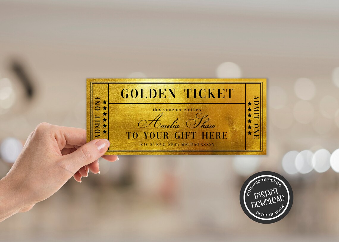 Editable Golden Ticket Gift Voucher Template Printable Gold - Etsy UK