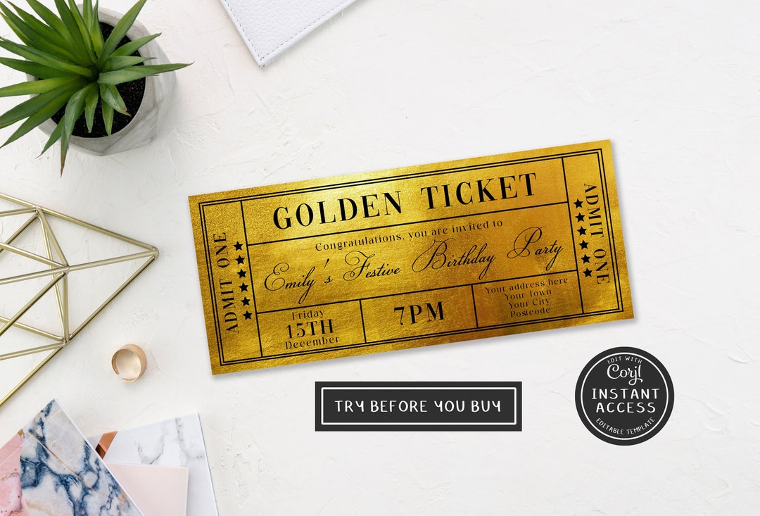 Editable Golden Ticket Party Invitation Template Golden Ticket Party ...