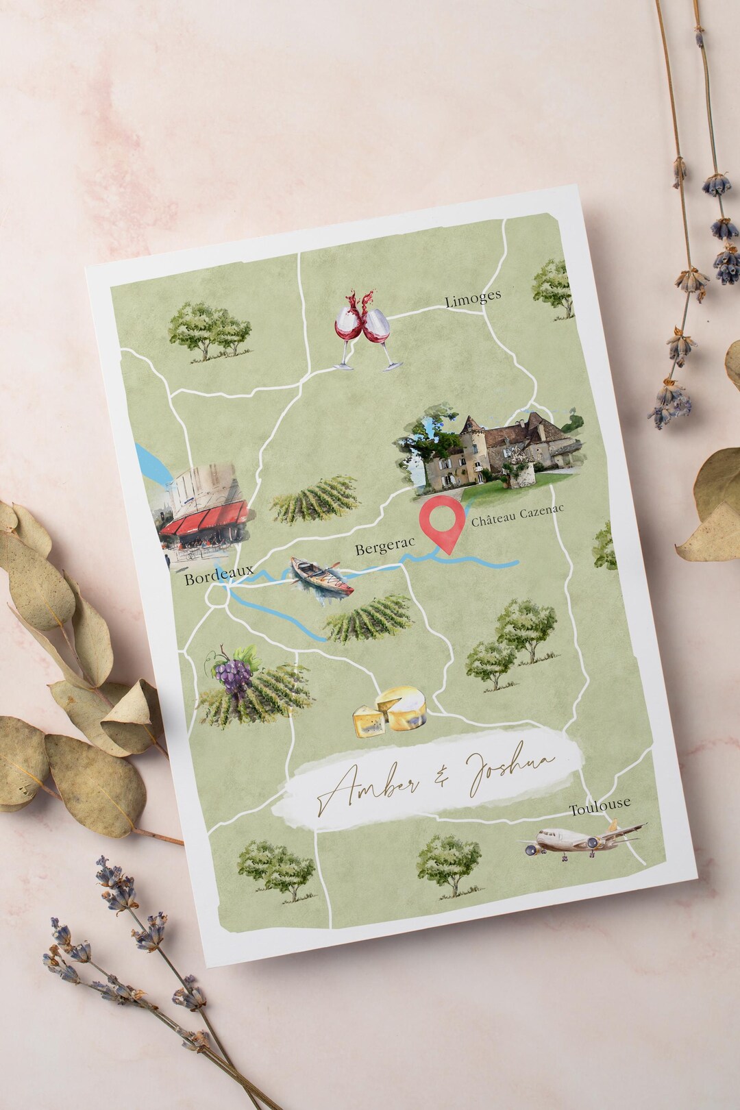 Custom Watercolour Map Wedding Map Invitation Watercolour Wedding Map ...