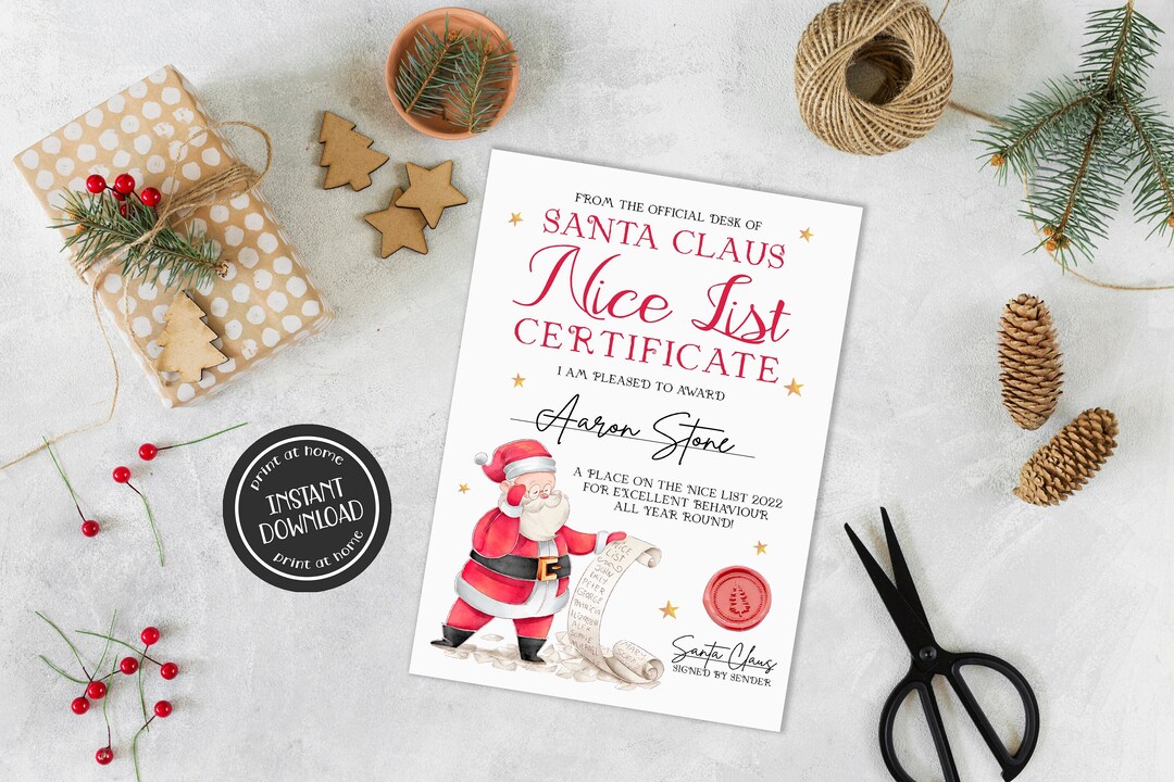 Editable Nice List Certificate Digital Download Santa Nice List ...
