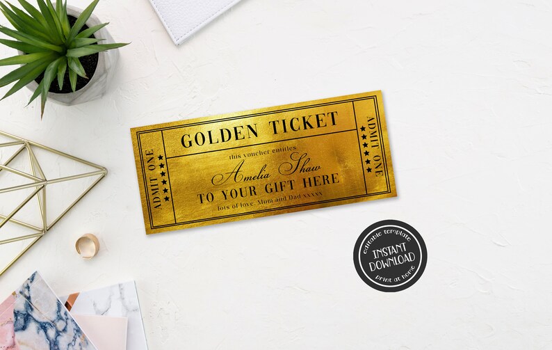 Editable Golden Ticket Gift Voucher Template Printable Gold - Etsy