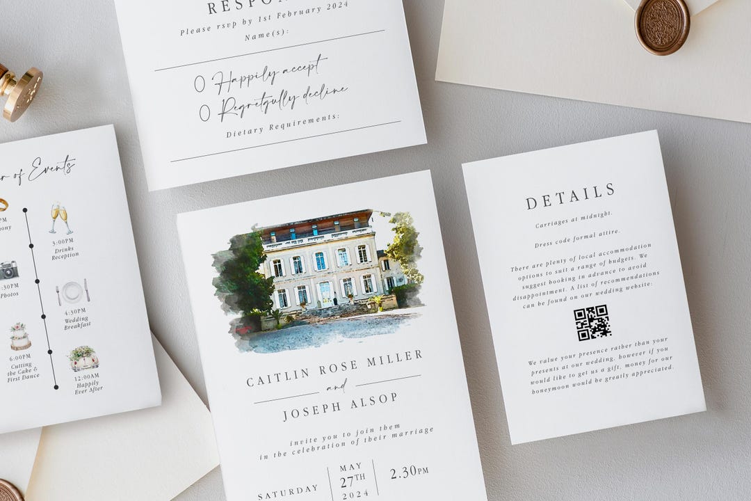 Custom Venue Watercolour Wedding Invitation Suite With Rsvp Details ...