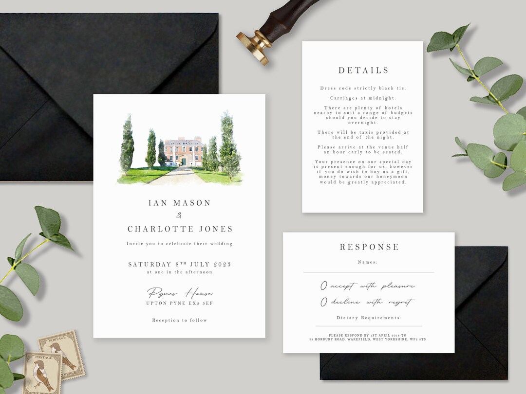 Watercolour Venue Wedding Invitations Custom Watercolour Wedding ...