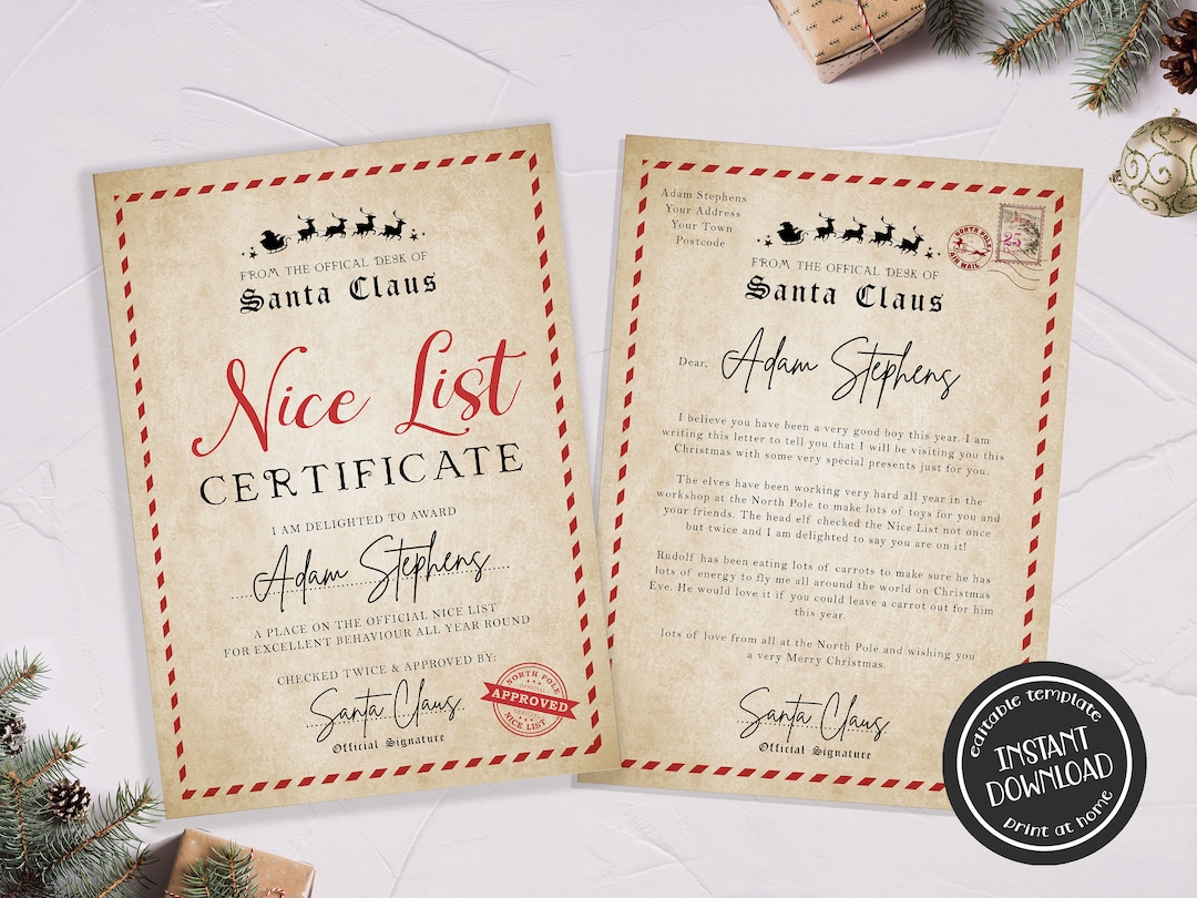 Editable Nice List Certificate Template Vintage Santa Letter - Etsy UK