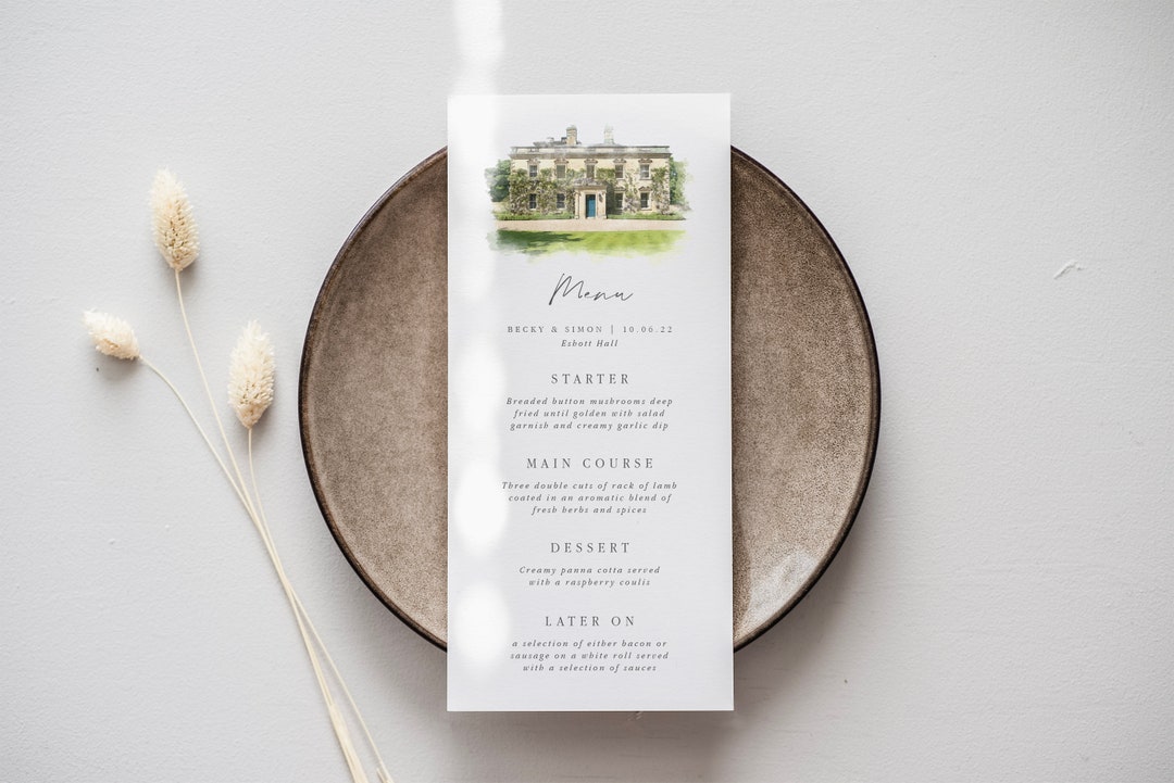 Watercolour Venue Wedding Menu Card Personalised Wedding Menu for ...
