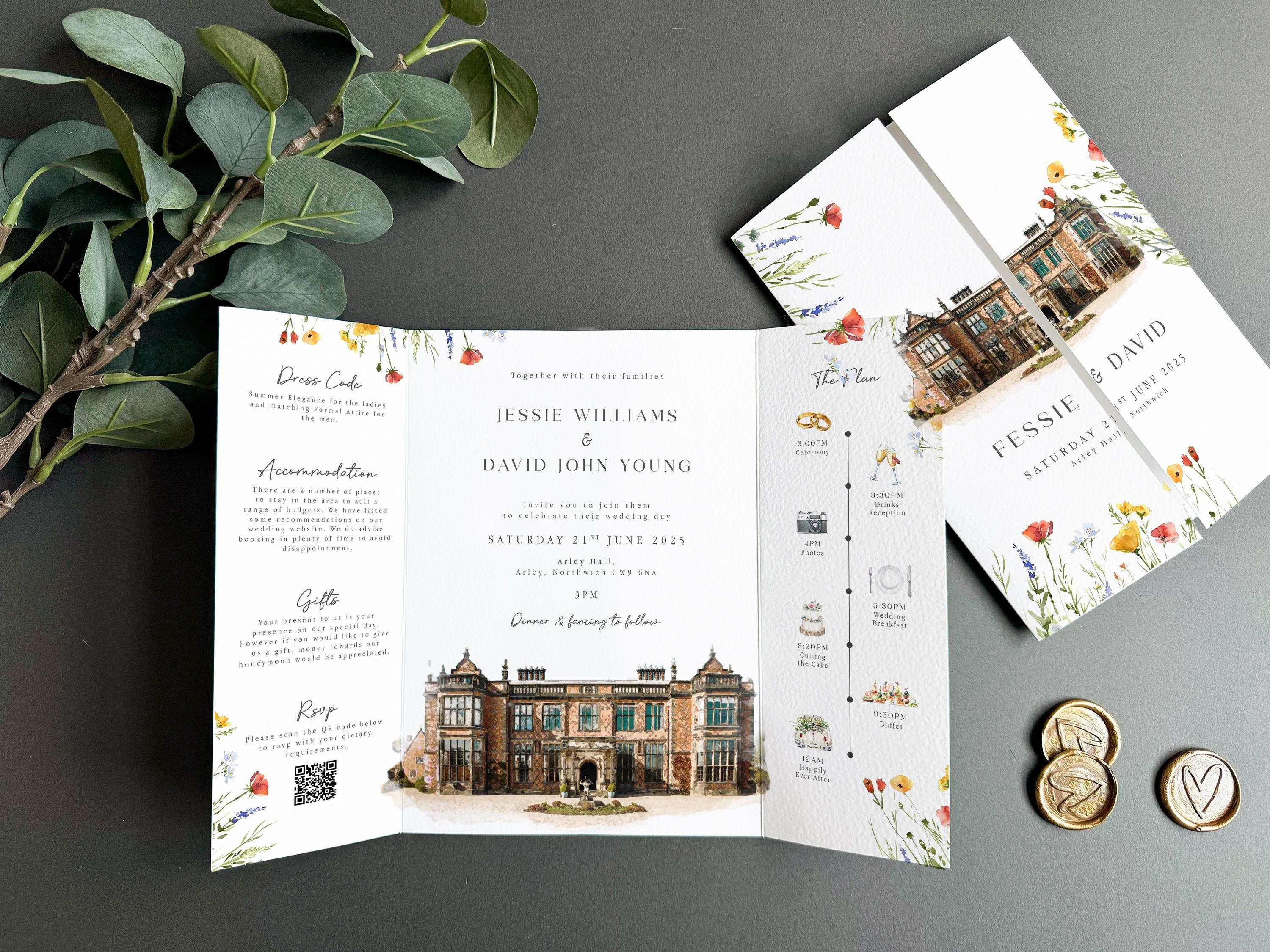 Watercolour Venue Wedding Invitation Gatefold Wedding Invite Wildflower ...