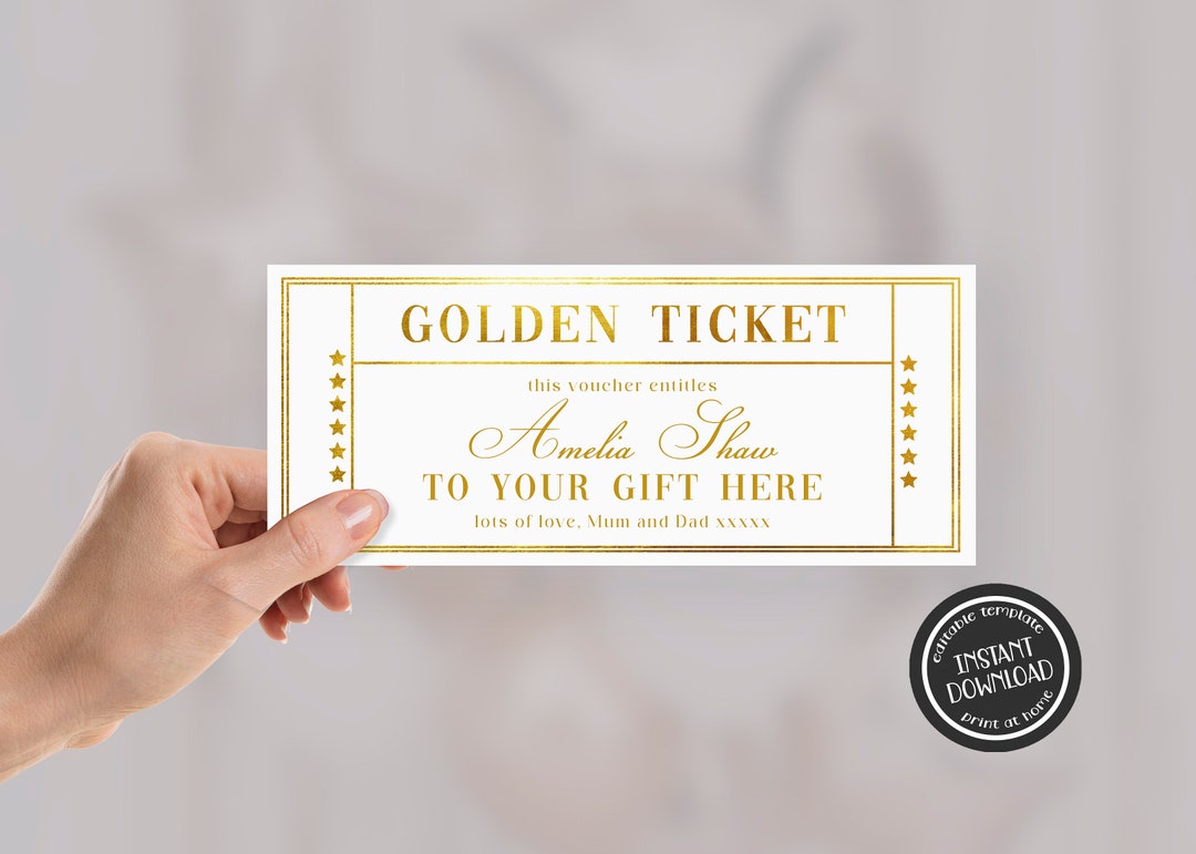 Editable Golden Ticket Gift Voucher Template Printable Gold Gift Ticket ...