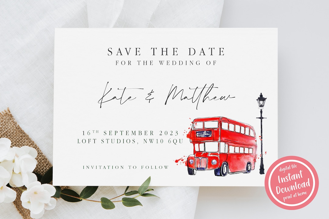 Editable London Bus Save the Date, London Themed Save the Dates, Modern ...