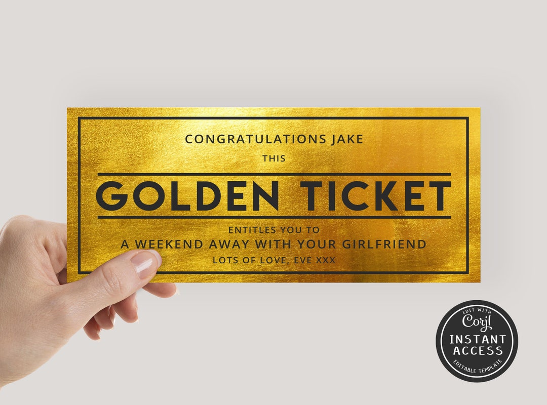 Editable Golden Ticket Gift Voucher Template Printable Gold Gift Ticket ...
