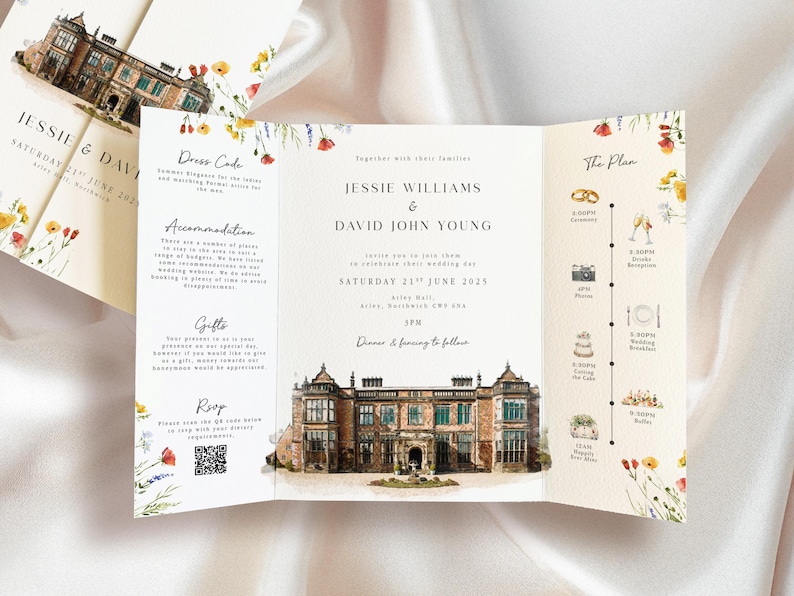 Watercolour Venue Wedding Invitation Gatefold Wedding Invite Wildflower ...