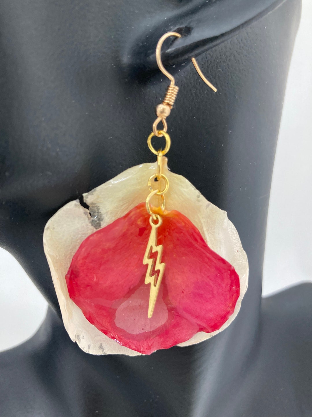 Handmade Resin Rose Petal Earrings: Gold Lightning Bolt Dangle - Etsy