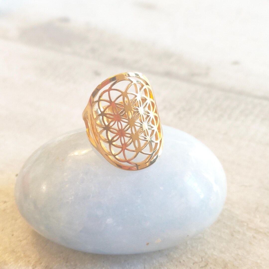 Flower of Life Ring Sacred Geometry, Golden Spiritual Ring Symbol of ...