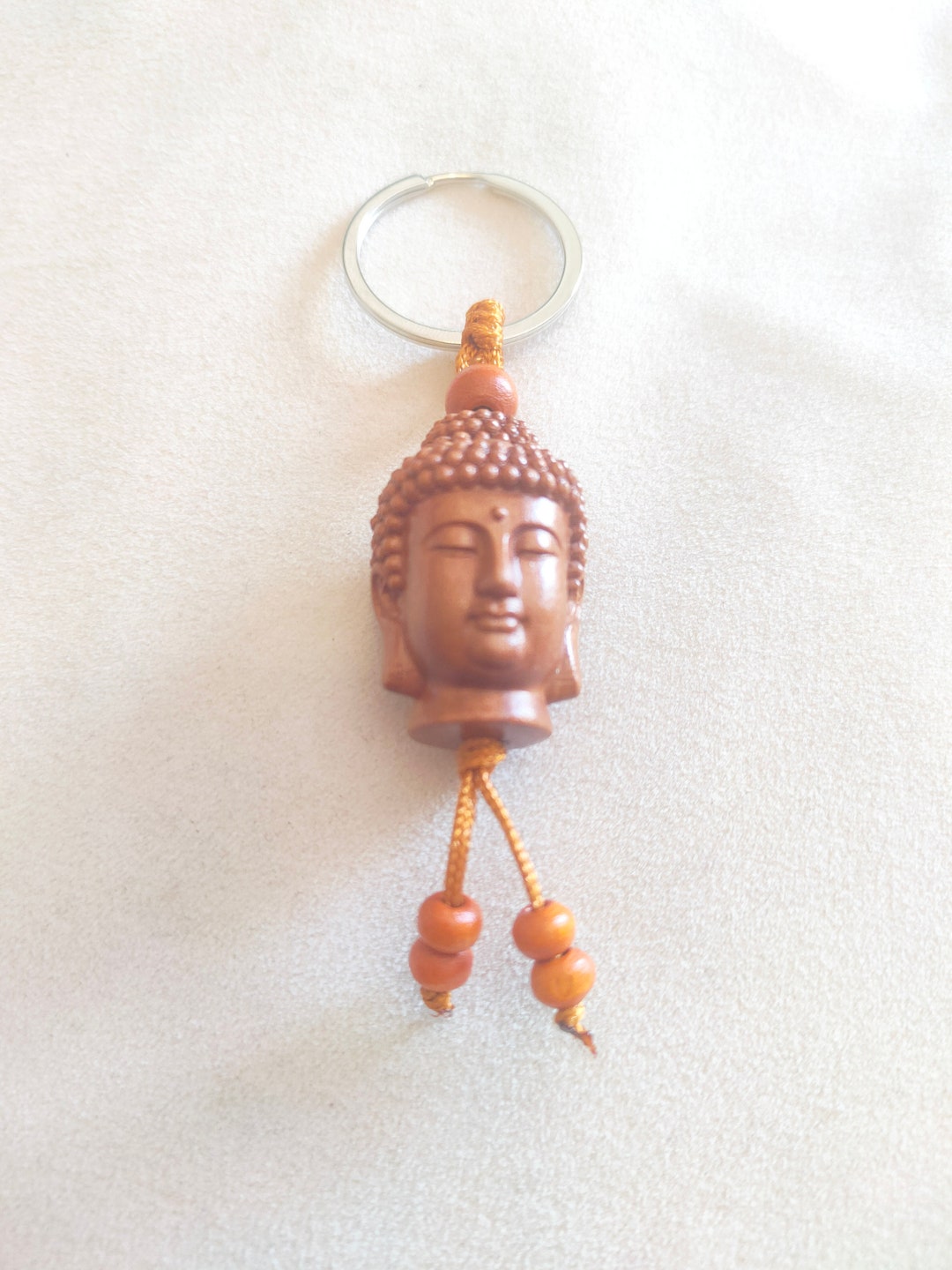Buddha Head Key Ring Carved in Wood and Its Wooden Beads, Buddhist Key ...
