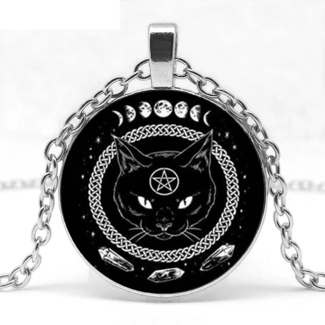 Necklace Talisman Amulet Wicca Pentacle Moon Black Cat, Esoteric Jewel ...