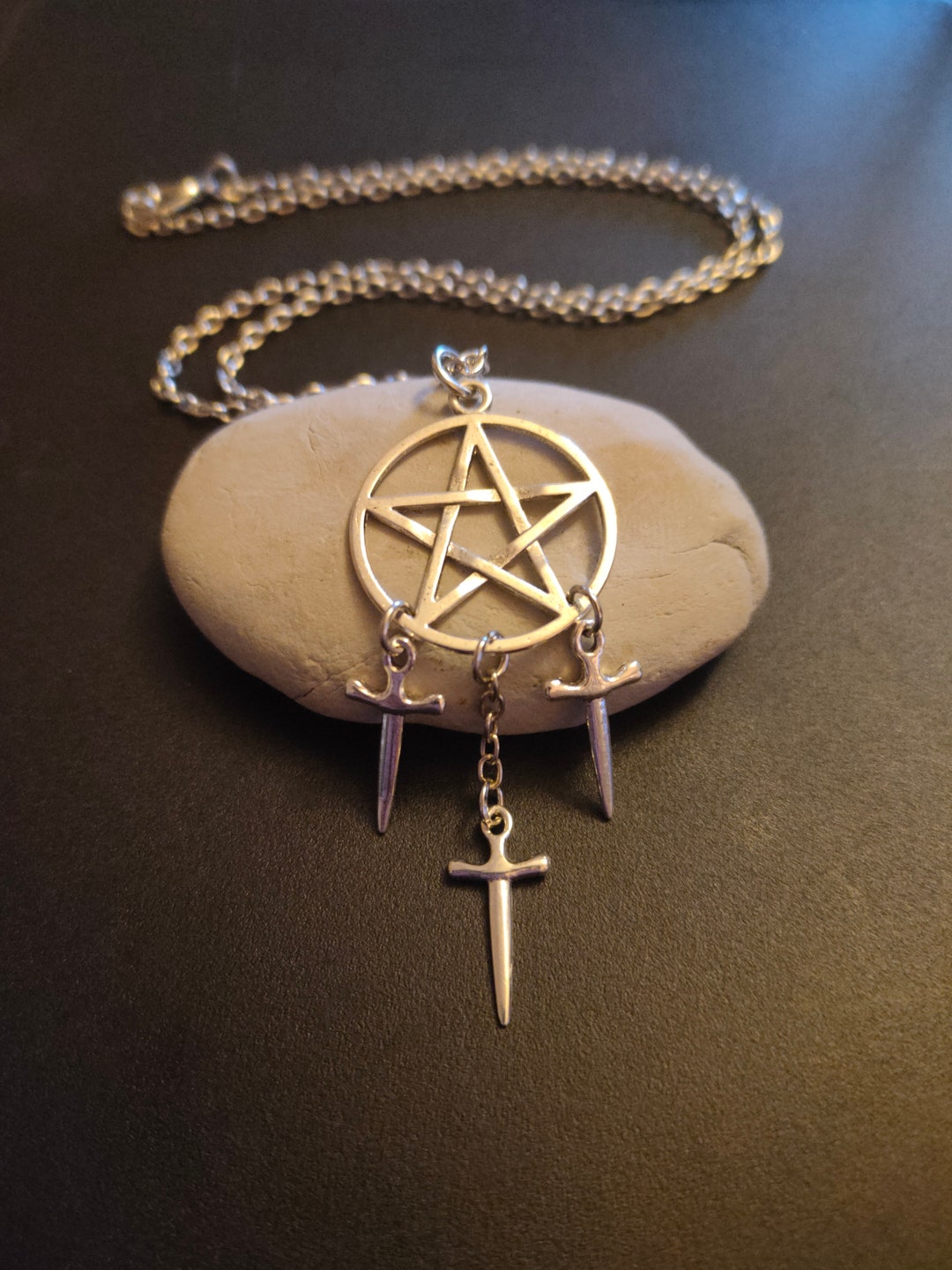 Silver Pentacle Necklace With Sword Charms, Jewelry Talisman Pentagram ...